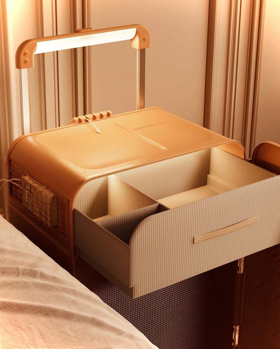 Cette petite valise design se transforme en table de nuit très pratique ...