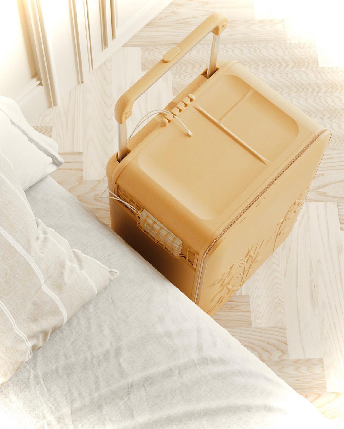 Cette petite valise design se transforme en table de nuit très pratique