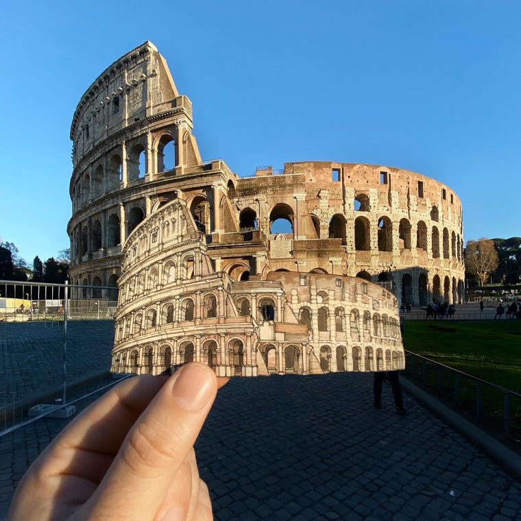 Il superpose ses dessins face aux monuments dans des mises en abyme ...